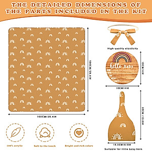 4 Pieces Light Yellow Rainbow Baby Swaddle Set Muslin Baby Swaddle Blanket Matching Hat Bow Headband Wooden Birth Announcement Card for Hospital Newborn Boy Girl 0-3 Months Receiving (40 x 40 Inch)