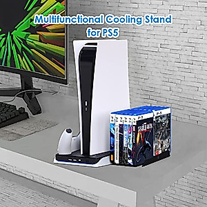 PS5 Controller Charging Station for Playstation 5 Console,PS5 Cooling Station for PS5 Digital & Disc Editions Consoles,PS5 Charging Station Vertical Stand with 12 Game Slots -HONCAM