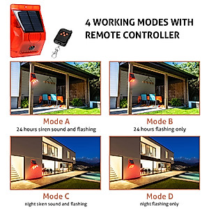 Outdoor Alarm Siren with Motion Detector Solar Alarm Light with Remote Controller 129db Sound Security Siren IP65 Waterproof 24 Hours & Night Mode for Home, Farm, Villa, Yard