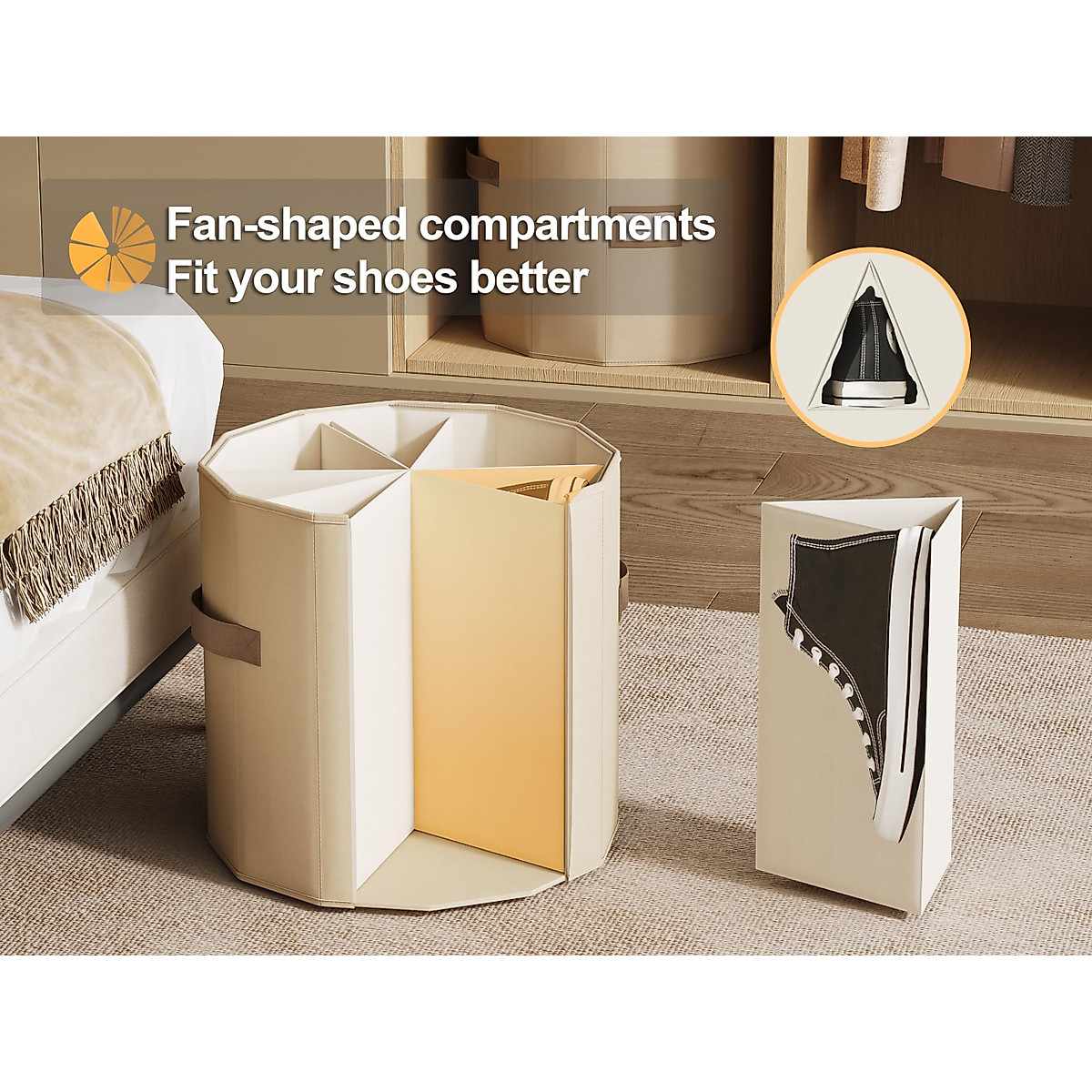 Vailando Shoe Organizer for Closet - Cylindrical Shoe Storage Organizer with Adjustable Dividers for Closet, Foldable, Beige, 1-Pack