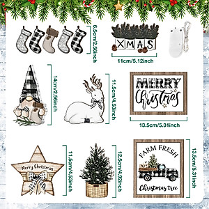 FairySandy 13 Pcs Christmas Tiered Tray Decor Set Xmas Black and White Plaid Gnome Wooden Tabletop Signs Elk Gnome Truck Rustic Farmhouse Winter Decorative Trays Cozy Christmas Decor for Home Kitchen