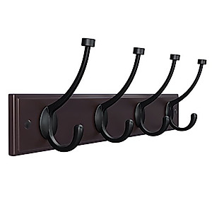 SONGMICS Wooden Wall Mounted Coat Rack 16 Inch Rail with 4 Metal Hooks for Entryway Bathroom Closet Room Dark Brown