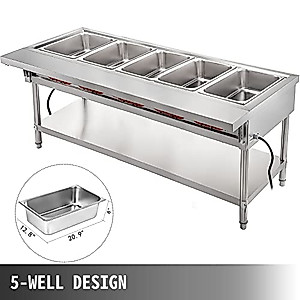 VBENLEM Commercial Electric Food Warmer 5 Pot Steam Table Food Warmer 18 Quart/Pan with Lids with 7 Inch Cutting Board Food Grade Stainless Steel Steam Table Serving Counter 220V 3750W for Restaurant
