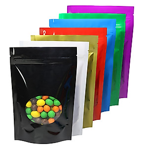 QQ Studio Pack of 100 Glossy Colored Mylar Foil Stand-Up Zip Seal Bags w/Clear Round Window (Glossy Black, 3.3 inches x 5.5 inches)