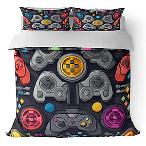 Placitiume Gaming Bedding Set for Kids - Gamer Microfiber Comforter Cover Set Video Game Controller Gamepad Design Quilt Cover Set with 2 Pillow Shams, No Comforter