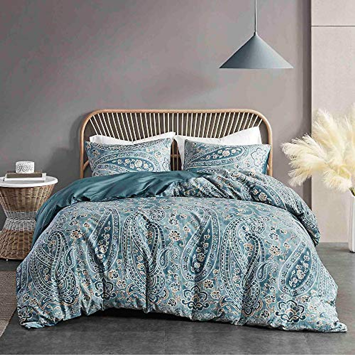 Inspire by Intelligent Design Reversible 100% Cotton Sateen Duvet - Breathable Comforter Cover, Modern All Season Bedding Set (Insert Excluded), Belcourt, Paisley Blue King/Cal King(104" x 90")