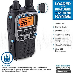 Midland - X-TALKER T77VP5, 36 Channel FRS Two-Way Radio - Up to 38 Mile Range Walkie Talkie, 121 Privacy Codes, and NOAA Weather Scan + Alert (Includes a Carrying Case and Headsets) (Black/Silver)