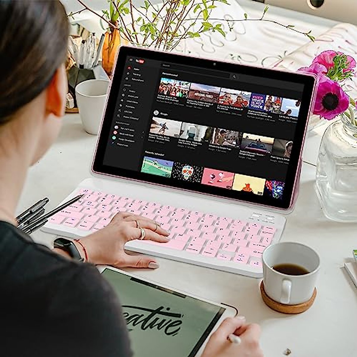 2 in 1 Tablet 10 Inch, Android 11.0 Tablet with Keyboard Case, 4GB+64GB ROM/512GB Computer Tablets, Quad Core, HD Touch Screen, Dual Carema, Games, Wi-Fi，BT, Google GMS Certified Tablet PC (Pink)