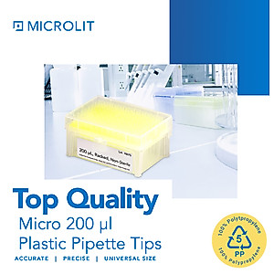 MICROLIT - Micropipette Pipette Tips, Low-Retention and Clean-Release Hydrophobic Transfer Pipettes, Universal Fit Nonpyrogenic 200 ul Plastic Pipette Tips, 960-Count, 1 Pack of 10 Racks
