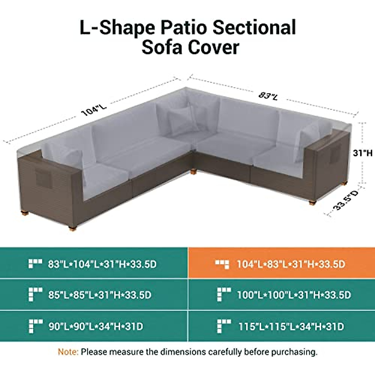 Mrrihand L-Shaped Patio Sectional Sofa Cover, Waterproof Outdoor Sectional Cover,Heavy Duty Garden Furniture Cover with Air Vent 104W*83D*31H/33.5