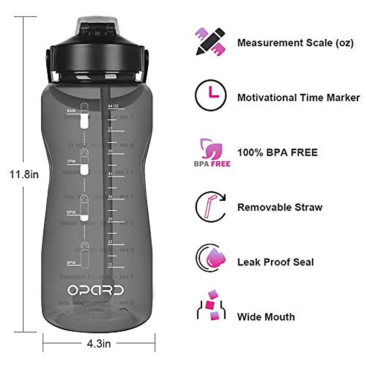 Opard 64 oz Water Bottle with Time Marker to Drink Half Gallon Motivational Water Bottle with Straw and Handle Large BPA Free Water Jug for Sports Gym Fitness (Deep Black)