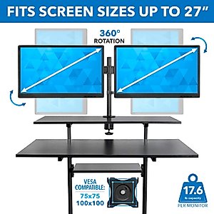 Mount-It! Mobile Computer Cart, Portable Desk on Wheels - 40" Wide Tabletop, Height Adjustable Workstation up to 64" Tall with Dual Monitor Mounts up to 72", Rolling Computer Desk, Screens 27", Black
