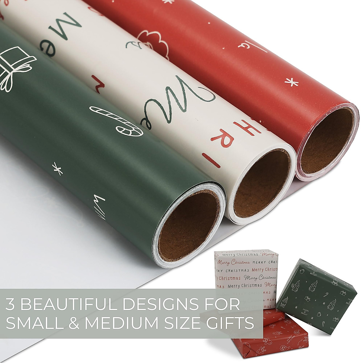 Beautiful Christmas Gift Wrapping Paper Rolls - Set of 3 Quality Paper Rolls With Cute Designs For Small & Medium Size Gifts - Add a Touch of Magic to Every Gift You Wrap - 17 in x 120 in Per Roll