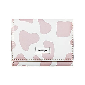 MOZXIRZ Women Girls Wallet Cute Cow Print Tri-Fold Wallet PU Leather Purse Slim Small Short Wallet Cartoon Trifold Cash Card Holder Bag (Pink Cow)
