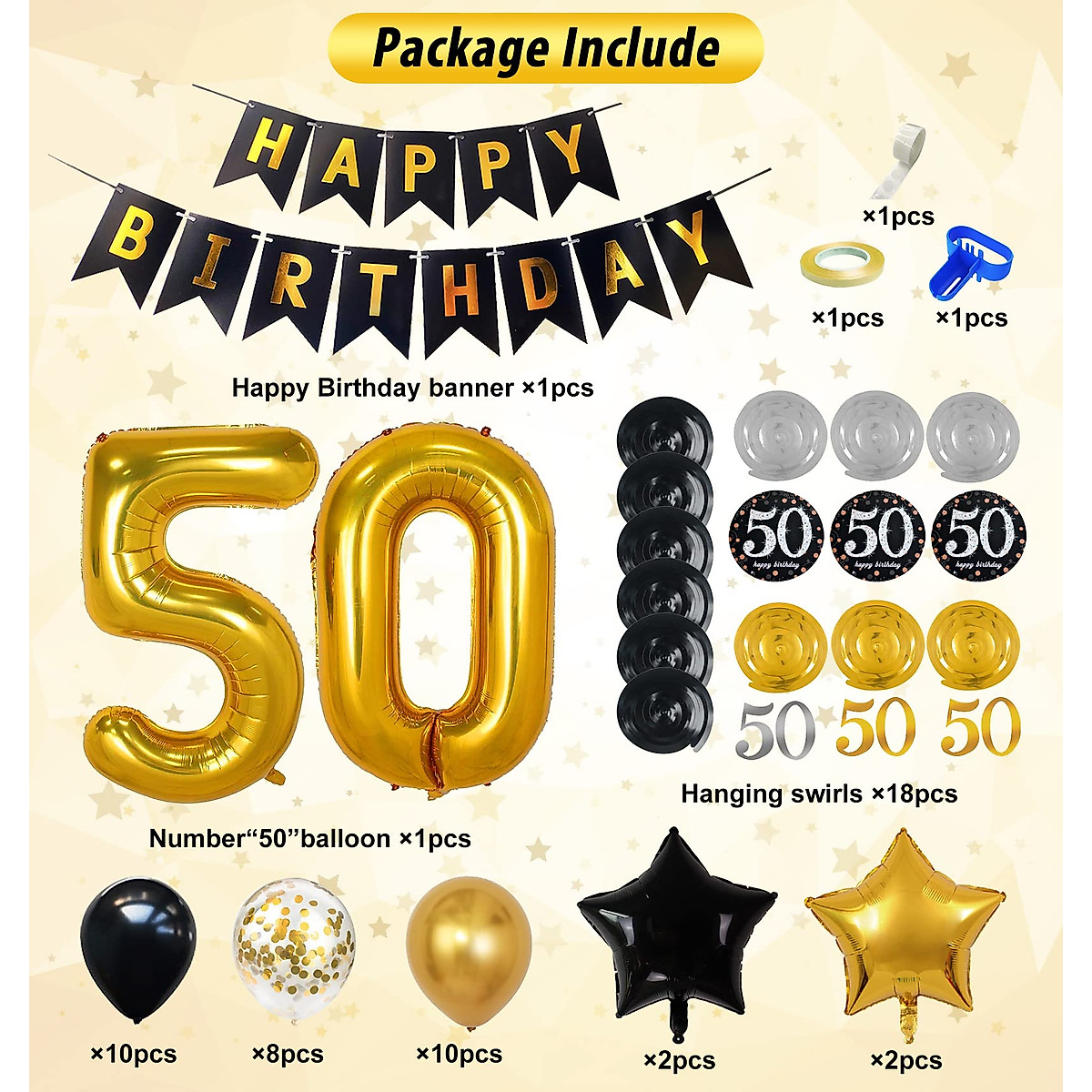 50th Birthday Decorations for Men Women, Over The Hill Party Supplies 50th Birthday Balloons Happy Birthday Banner Hanging Swirls for 50th Birthday Anniversary Decorations Black and Gold Party Decor