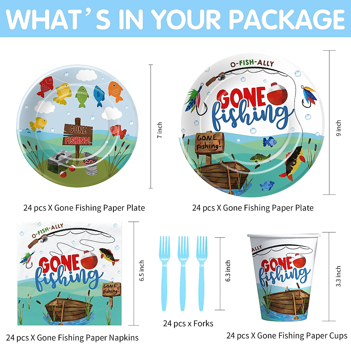 Xenorik Gone Fishing Party Decorations Tableware - Fish Fishing Birthday Party Supplies, Paper Plate, Cup, Napkin, Fork, Little Fisherman Fishing Birthday Baby Shower Table Decorations | Serve 24