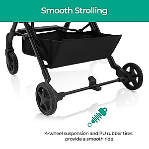 Mompush Lithe Lightweight Stroller, Compact One-Hand Fold Travel Stroller for Airplane Friendly, Reclining Seat and Large Canopy, with Rain Cover & Travel Carry Bag & Cup Holder