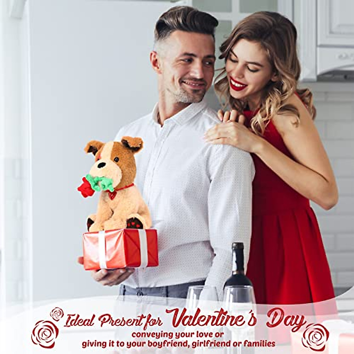 Chalyna 10 Inches Dog Plush Toy with Rose Valentine's Day Stuffed Animal with Heart Rose for Girlfriend, for Valentines Party Favor Mother's Day Birthday Festival Occasion