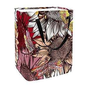 Dragonflies and Bee on Sunflower Print Collapsible Laundry Hamper, 60L Waterproof Laundry Baskets Washing Bin Clothes Toys Storage for Dorm Bathroom Bedroom