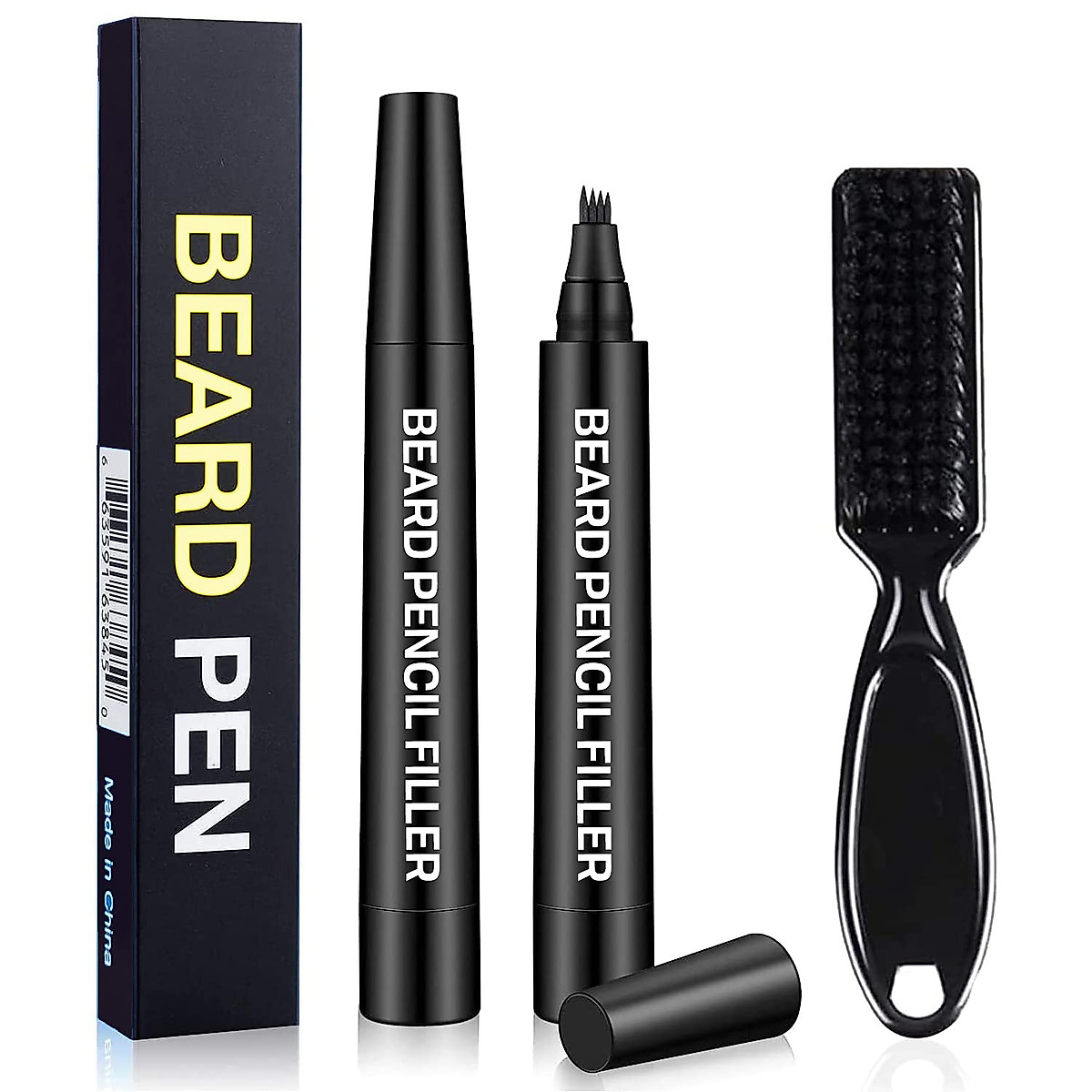 Beard Pencil Filler for Men, 2 Pack, Eyebrow Pen, Beard Filling Pen Kit - WaterProof, Long Lasting Coverage - Beard, Moustache, Eyebrows, Beard Dye for Men, Bristle Brush (2 pcs Black)…