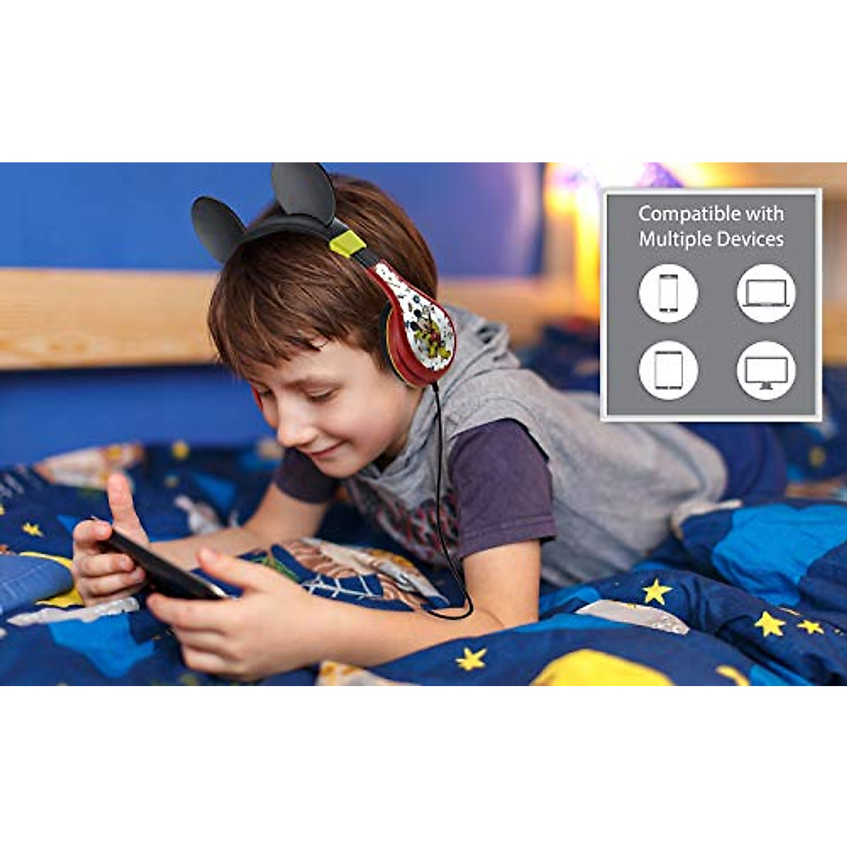 eKids Mickey Mouse Headphones For Kids, Adjustable Over the Ear Headphones, 3.5mm Jack Wired Headphones with Parental Volume Control, for Fans of Mickey Mouse Gifts