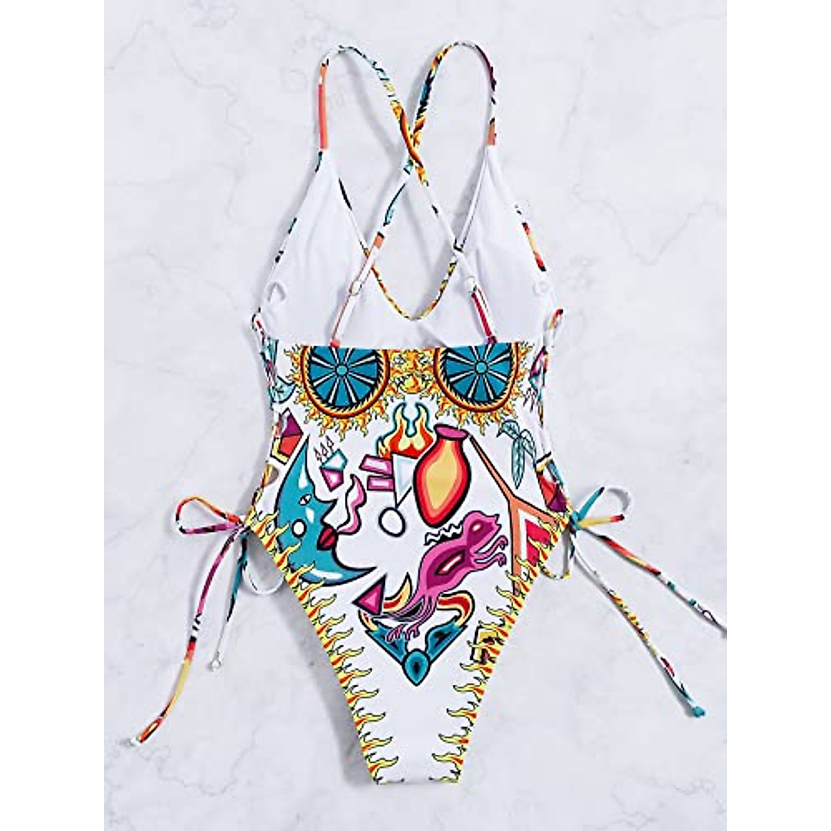 OYOANGLE Women's All Over Print Plunge Neck Cross Back High Cut Lace Up One Piece Swimsuit Multicolor Print L