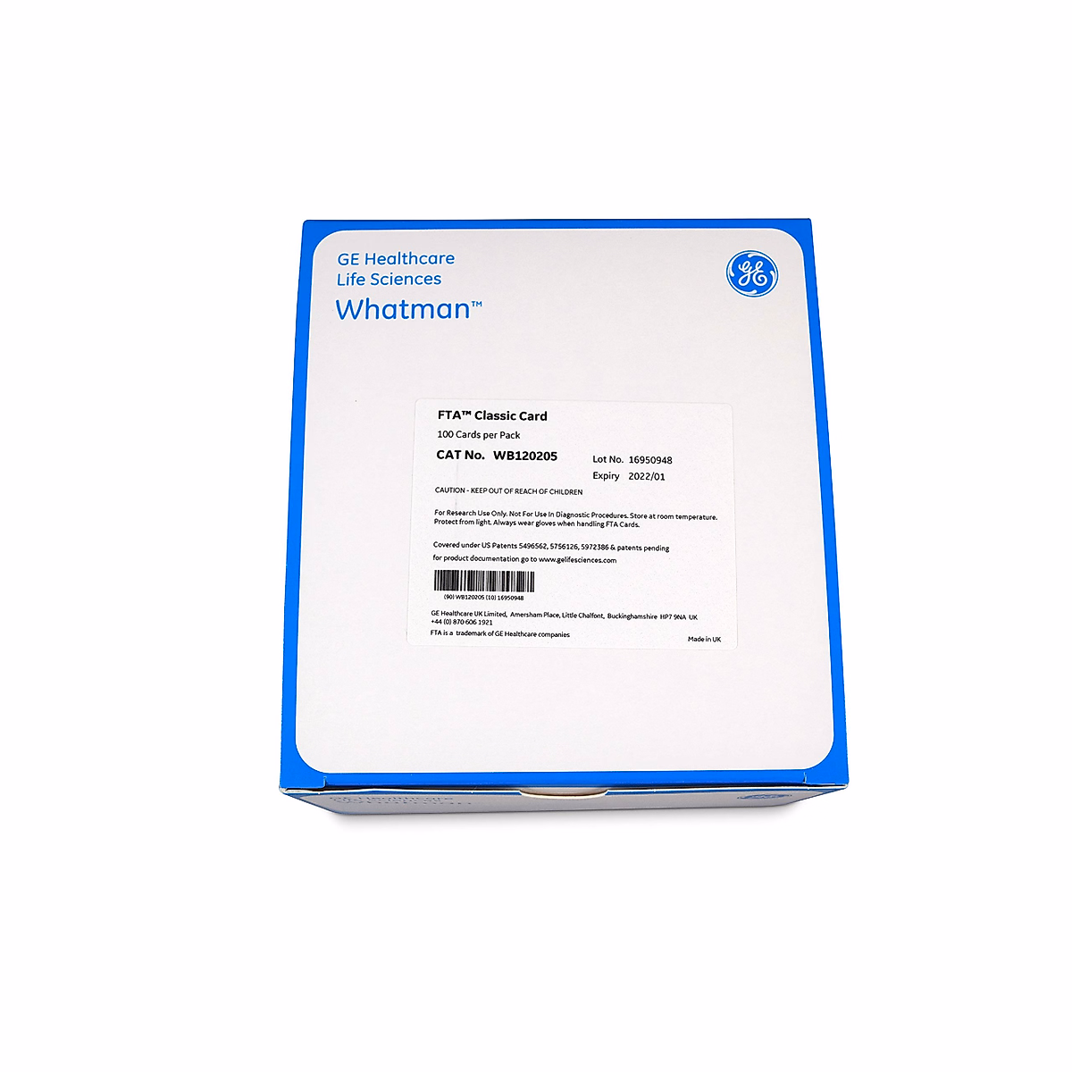 GE Healthcare WB120205 Non-Indicating FTA Classic Card, 4 Sample Areas Per Card, 500 µl Total Volume (Pack of 100)