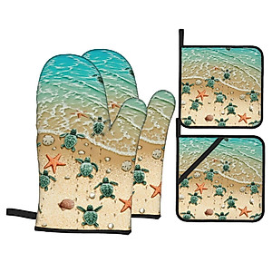 Turtle Oven Mitts and Pot Holders Heat Resistant 4 Pcs Sets Waterproof Non-Slip for BBQ Cooking Baking Grilling