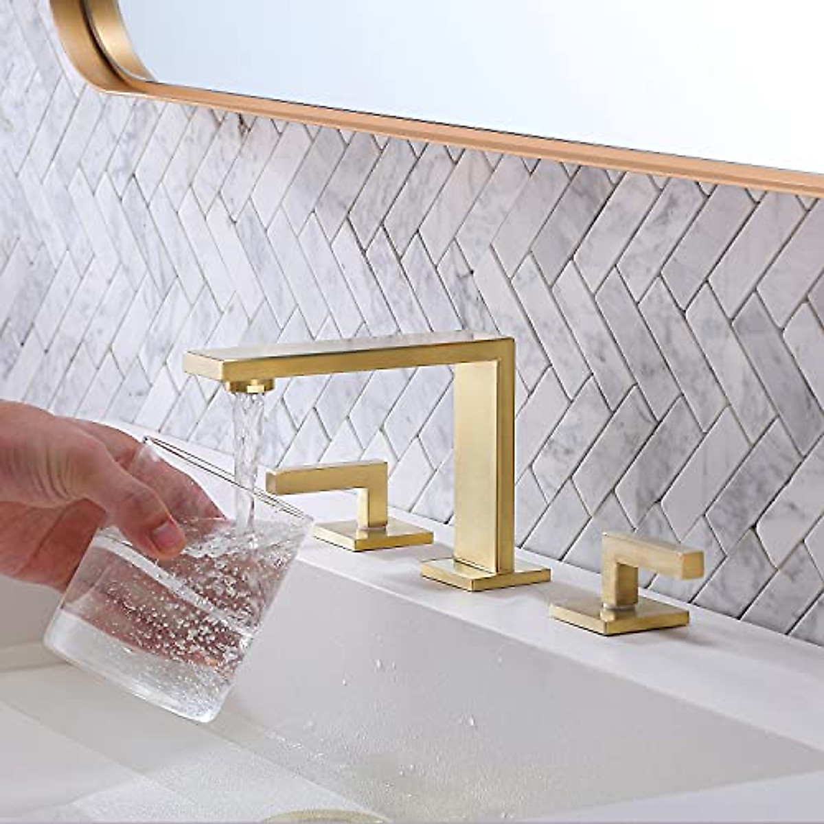 VCCUCINE Gold Bathroom Faucet, Modern Commercial 2 Handle 3 Holes Brushed Gold Widespread Bathroom Faucet, Brass Gold Bathroom Lavatory Vanity Sink Faucet with Water Supply Lines
