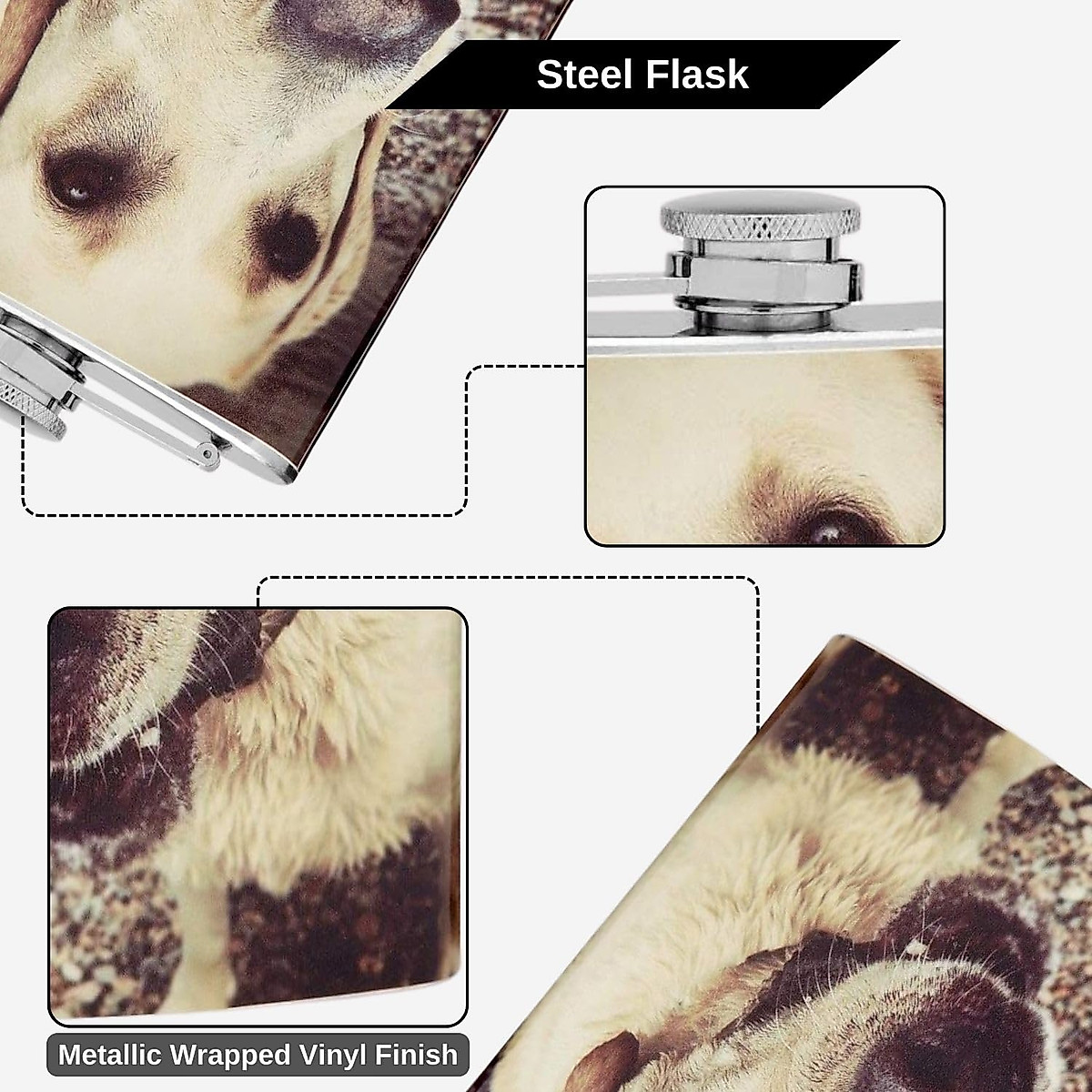 Top Shelf Stainless Steel Hip Flask Holding 8 oz | Pocket Size Leak Proof Screw-On Cap | Personalized with Pet Photo Design alcohol flask | Black Metallic Wrapped Vinyl Finish