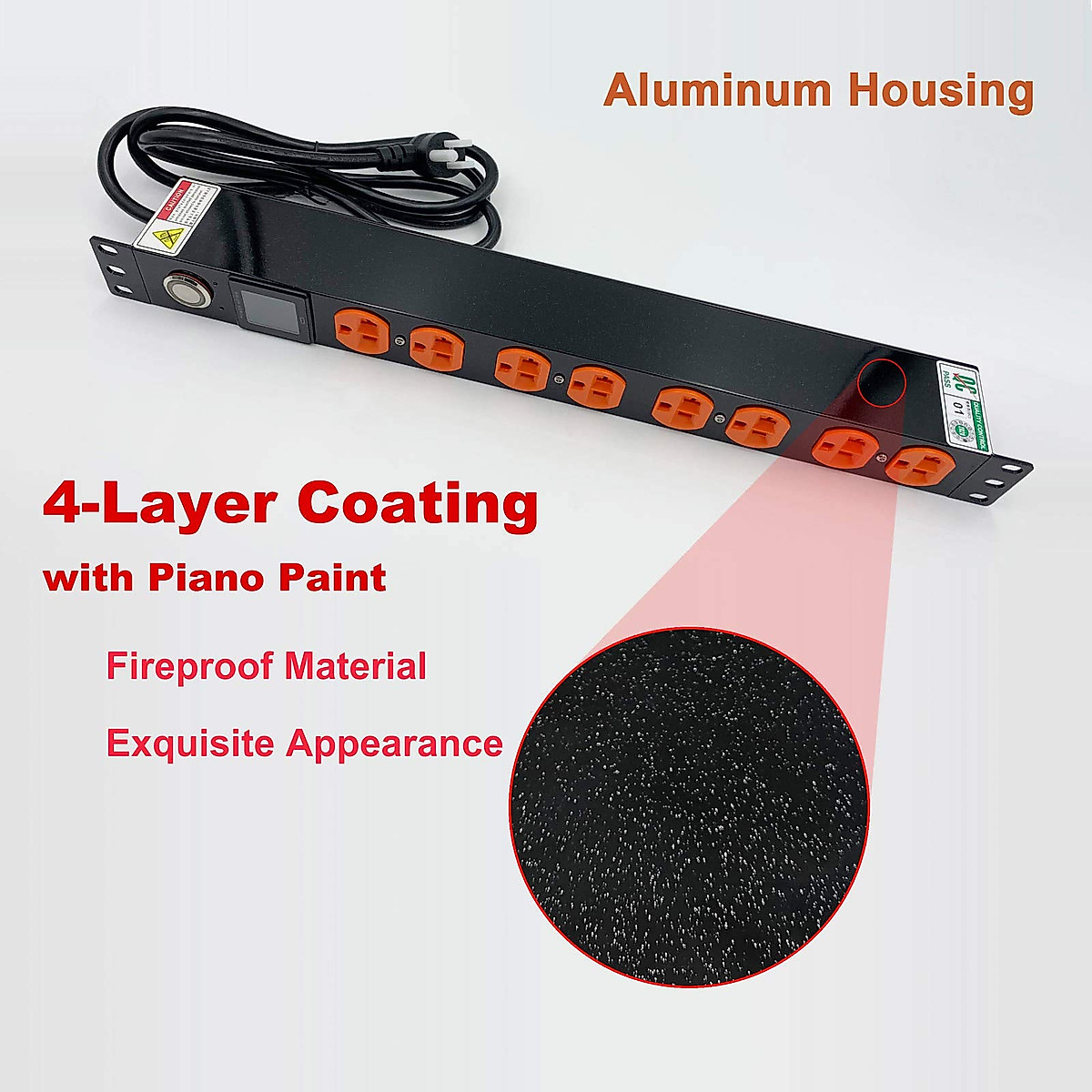 E-link Industrial Surge Protector Power Strip Rack Mount Metered PDU Power Distribution Unit 110-250V 16A, 8 NEMA 5-20R Outlet 19'' 1U Switched PDU with Monitoring OLED Screen Orange