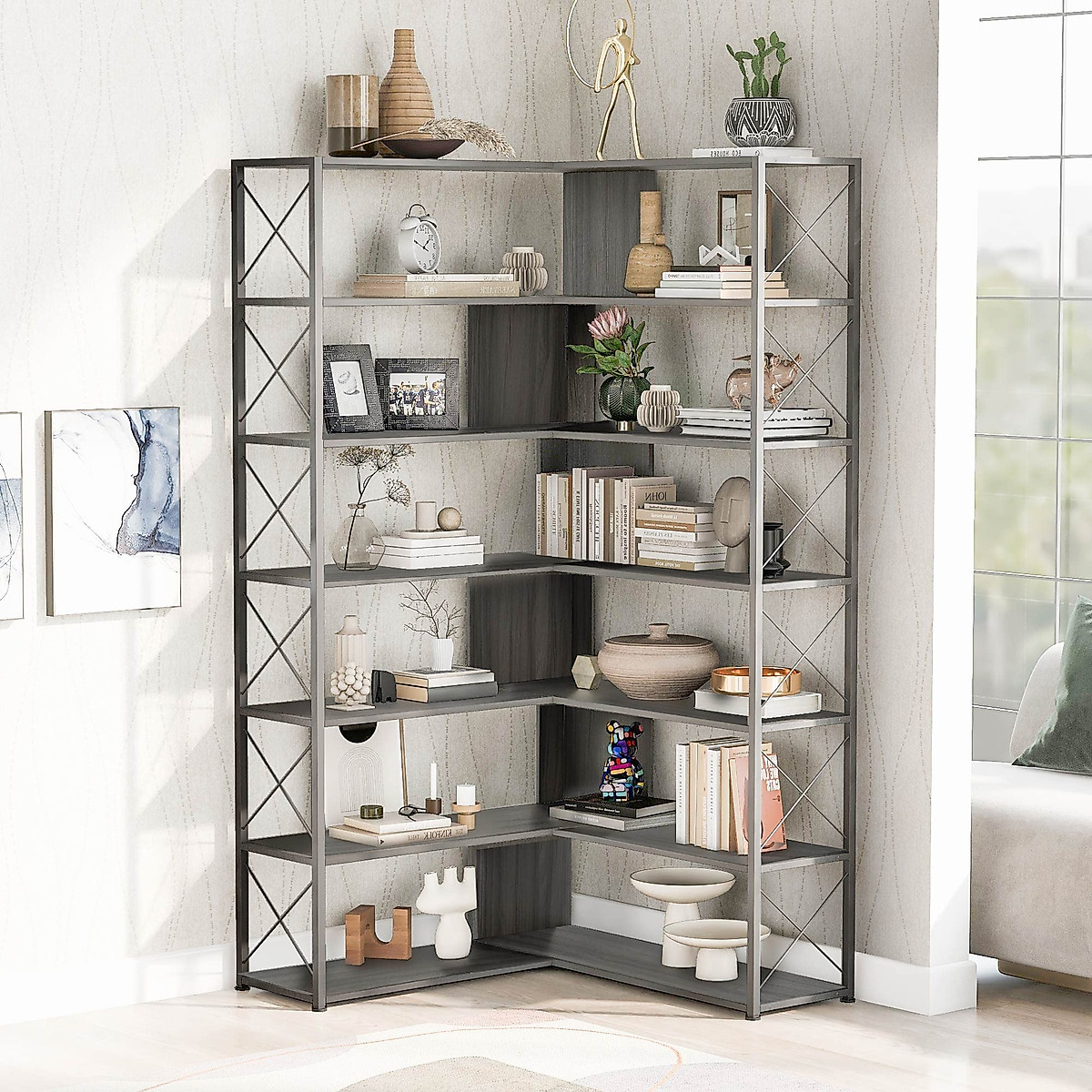SHMAO 6-Tier Corner Bookshelf, L Shaped Bookshelves, Large Modern Tall Corner Bookcase, Industrial Standing Storage Open Display Rack Bookshelf, Rustic Bookcase for Home Office, Living Room(Grey)