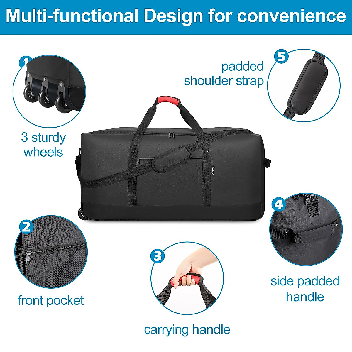 Finnhomy 120L Foldable Rolling Duffel Bag with 3 Wheels, Light Weight Travel Duffel bag with Large Loading Capacity, 32 inch Rolling Duffel bag with Shoulder Strap for Travel Camping Sports