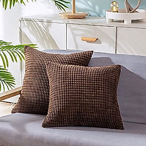 CaliTime Pack of 2 Comfy Throw Pillow Covers Cases for Couch Sofa Bed Decoration Comfortable Supersoft Corduroy Corn Striped Both Sides 18 X 18 Inches Coffee
