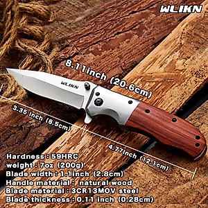 Wlikn Pocket Folding Knife Gentleman’s Folding Knife, EDC Knife for Women and Men, Wood Handle Sharp Blade, Survival Tactical Knife for Hunting Fishing Hiking, Camping Knife Hunting Knife with Liner Lock