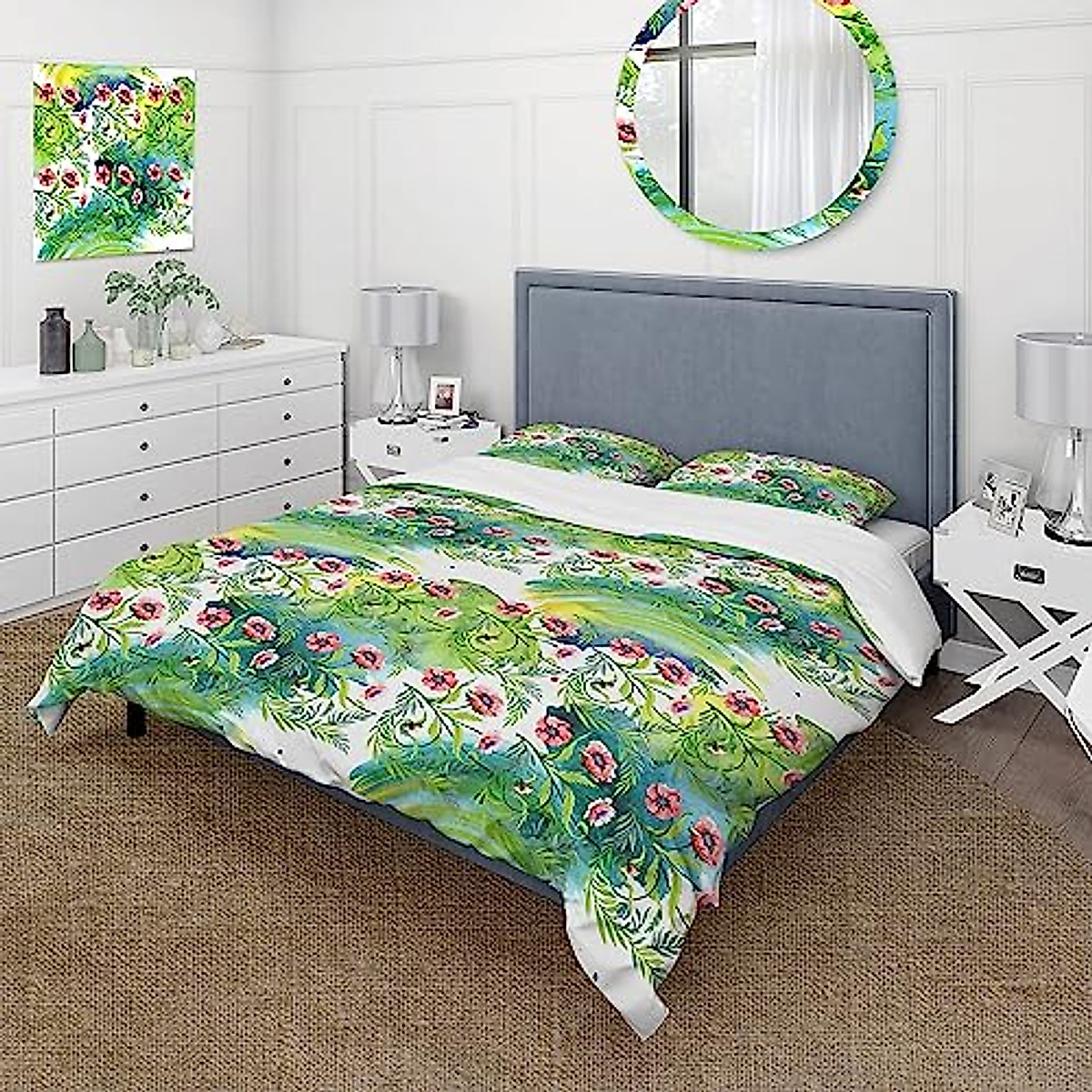 DESIGN ART Designart 'Ornament Red Poppies Leaves' Traditional Duvet Cover Set Full - Queen