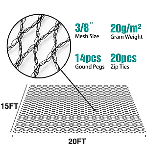 PatioGem Pond Netting, 15’ x 20’ Pond Netting for Koi Ponds, Durable & Sturdy Pond Net to Catch Leaves & Debris, Drive Herons, Raccoons, Cats & Predators Away, Handy Accessories Included (3/8” Mesh)
