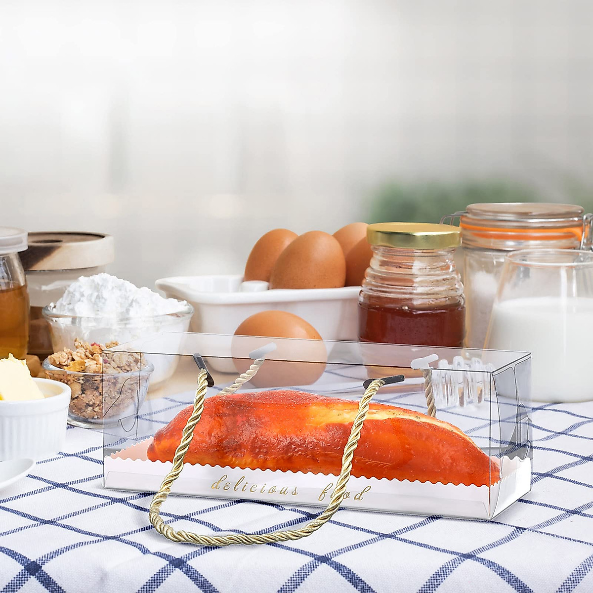 Irenare 30 Pcs Clear Cake Box with Handles Bakery Clear Pastry Cookies Candy Box Rectangular Plastic Cake Roll Container Portable Treat Dessert Gift Boxes for Cupcake, 8.86 x 3.07 x 3.07 Inch (Gold)