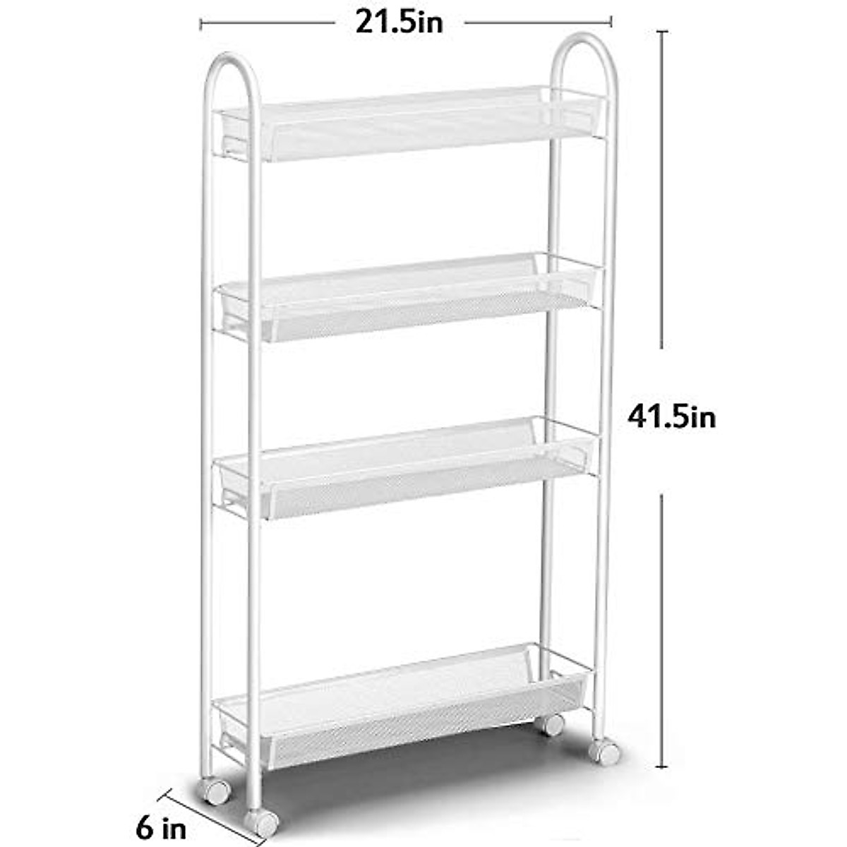 Rackaphile 4-Tier Slim Slide Out Storage Tower Rack Mesh Rolling Organization Serving Cart Shelf for Narrow Spaces Roller, White (4-Tier)
