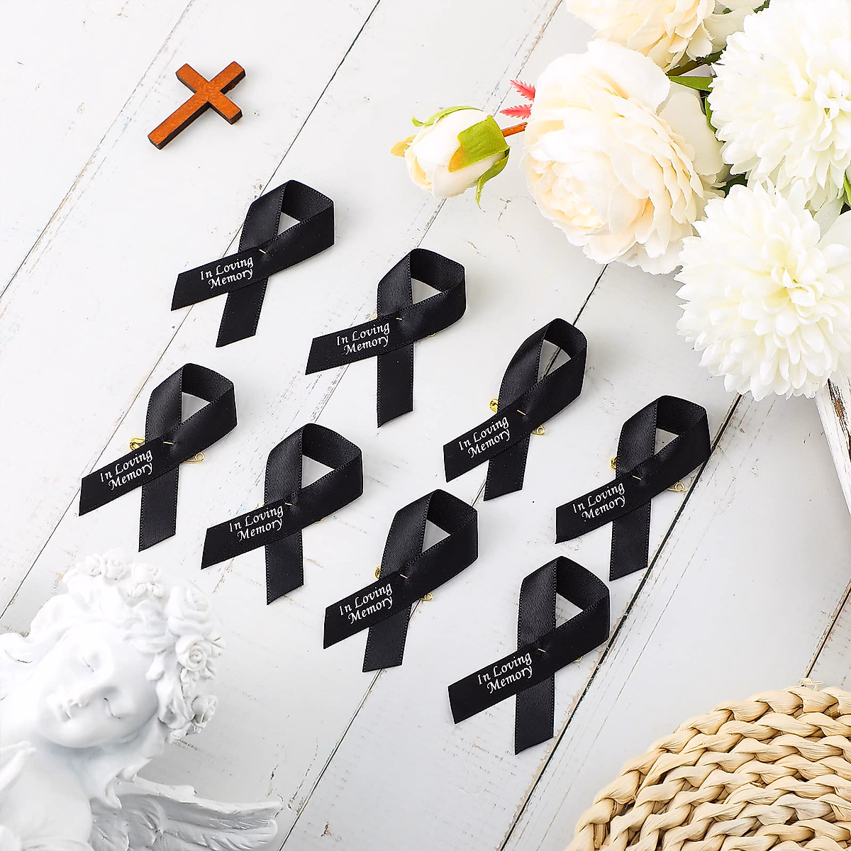 50 Pcs Funeral Ribbons Pins Black Memorial Ribbon in Loving Memory Ribbon Mourning Sympathy Ribbons with Safety Pins for Funeral Event Bereavement Remembrance Service