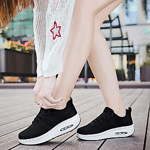 Women's Wedge Sneakers Breathable Mesh Thick Sole Lace Up Comfort Tennis Walking Shoes Black