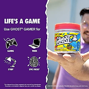 GHOST Gamer: Energy and Focus Support Formula - 40 Servings, Sour Patch Kids Blue Raspberry - Brain-Boosting Nootropics & Natural Caffeine for Attention, Accuracy & Reaction Time - Vegan, Gluten-Free