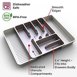Mueller Large Flatware Kitchen Drawer Organizer, Expandable 19.7" x 15" Silverware Organizer, 6 Compartments, Heavy-Duty, Cutlery Tray for Utensils or Stuff, Dining Room, Living Room, Beige Mocha