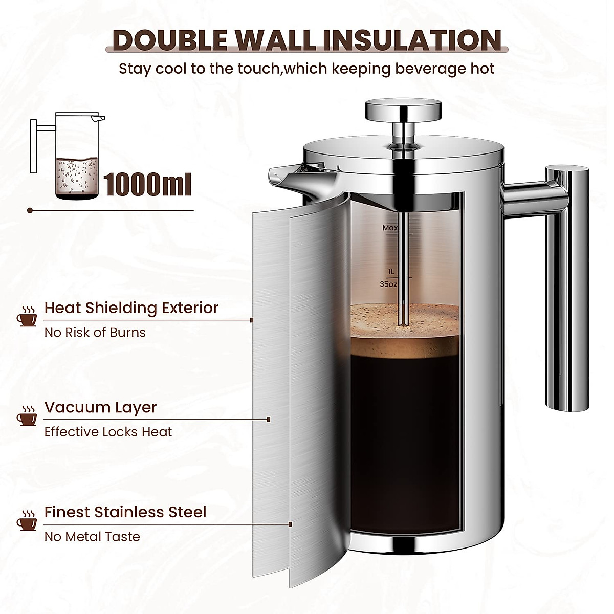Velaze French Press Coffee Maker 34oz, Double Wall Insulated French Coffee Press Stainless Steel, 1L Coffee Maker Included 4 Extra Fliters and 1 Coffee Spoon