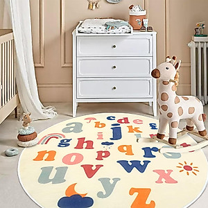 ABREEZE ABC Round Carpet Kids Children Educational Learning Area Rug 4ft, Fluffy Faux Wool Alphabet Baby Crawling Mat, Activity Centerpiece Play Mat for Boys Girls Bedroom Play/Game Room