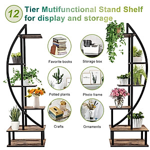 Elevens 6 Tier Metal Plant Stand, Muti-Purpose Ladder Plant Shelf Indoor 12 Potted Half Moon Shape Plant Stands for Balcony, Patio, Garden and Home Decoration Pack of 2 (Oak)