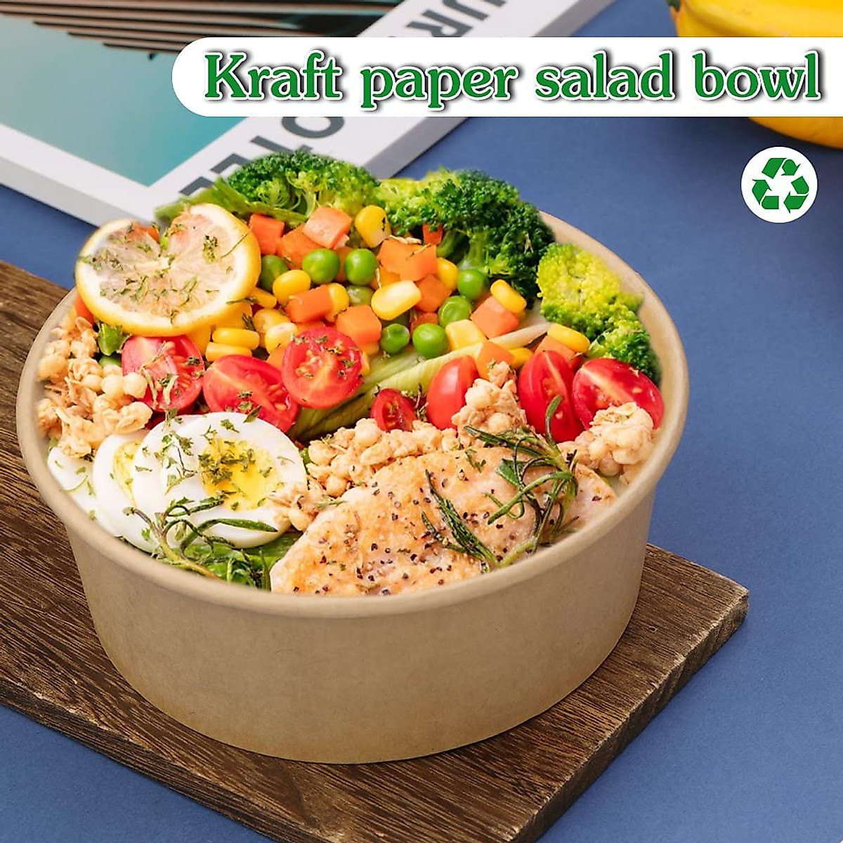Huaiid Paper Bowl With Lids, 37 oz Kraft Paper Food Container, Paper Soup Bowls,Disposable Paper Salad Bowls For Chilled Pasta, Potato Salad, Fruit and More[1100 ML 50 Pack]