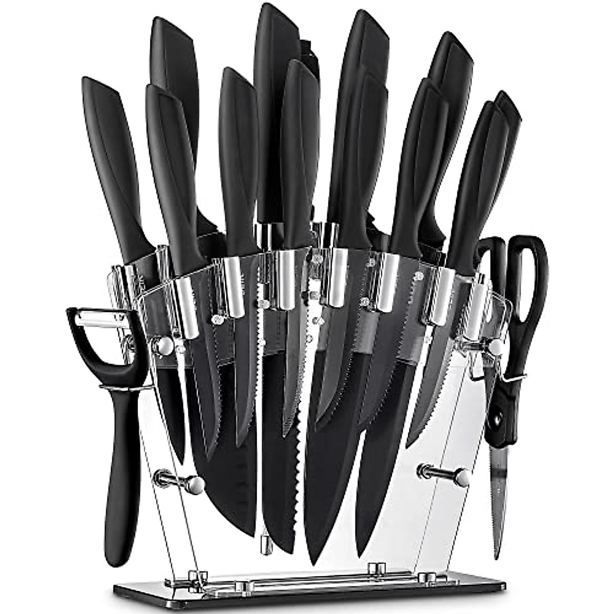 KDIK 16 PCS High Carbon Stainless Steel Kitchen Knife Set, BO Oxidation, No Rust, Sharp Cutlery Black Knife Set with Acrylic Stand and Serrated Steak Knives,AB112