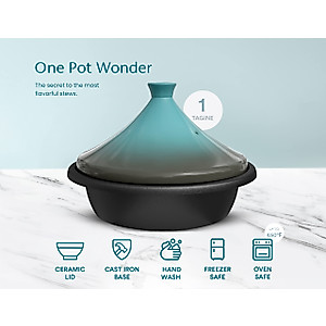 Kook Moroccan Tagine, Enameled Cast Iron Cooking Pot, Tajine with Ceramic Cone-Shaped Closed Lid, 3.3 QT (Stone Blue)