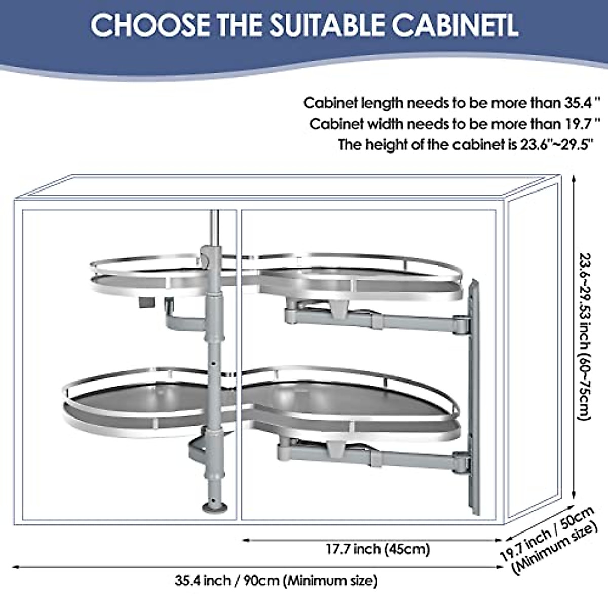 LIVOSA Magic Corner Kitchen Cabinet Pull Out Organizer with 2 Non-slip Tiers Swing Tray and Soft Close for 36" Cabinets, Right Handed Open, Grey